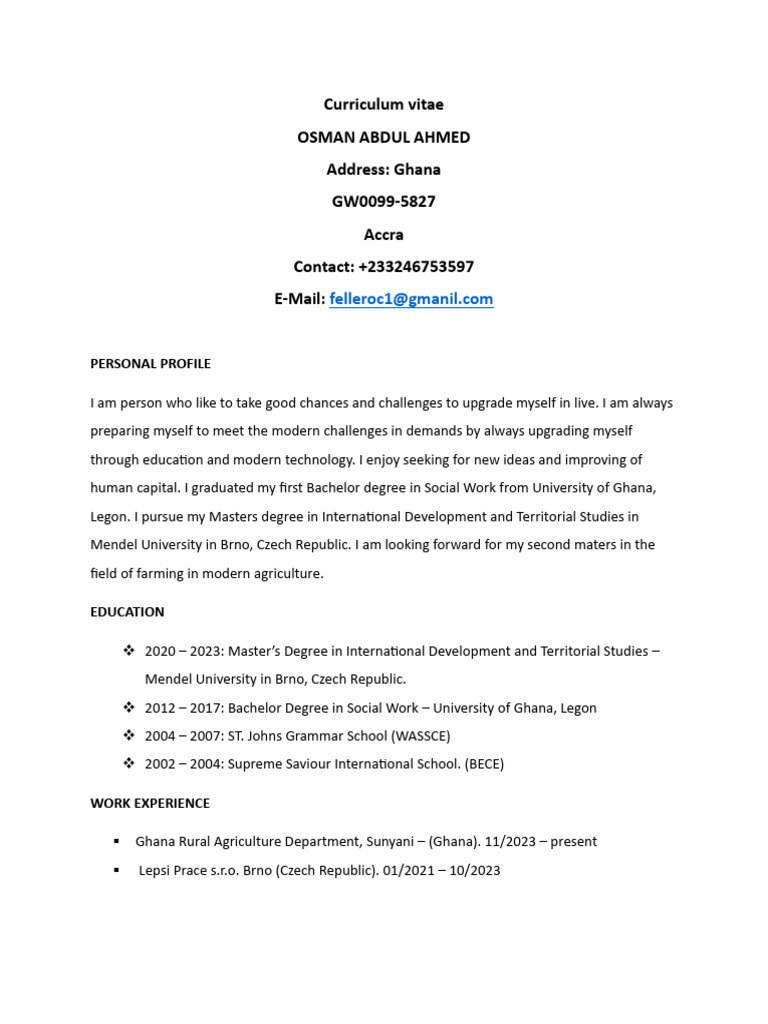 CV of Osman Abdul Ahmed | PDF