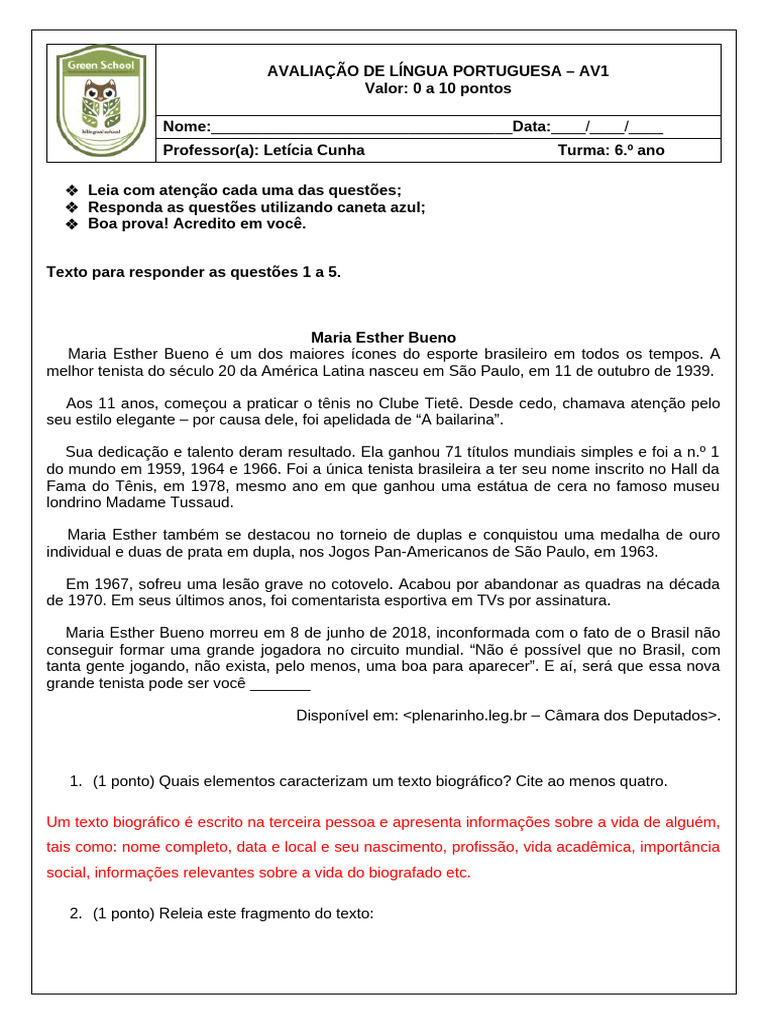 AV1 - português - 6.º ano - gramática - GABARITO | PDF