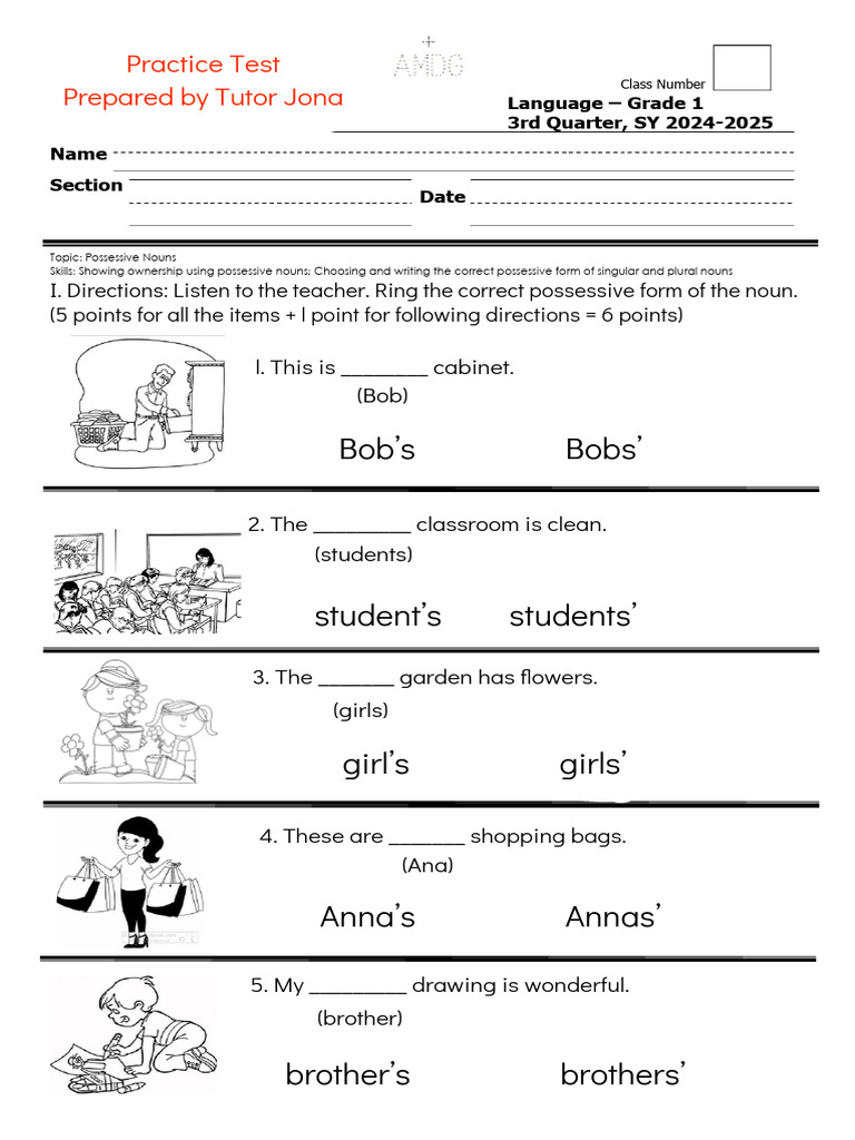 Grade 4 Possessive Nouns Worksheet | PDF | Language Families | Morphology