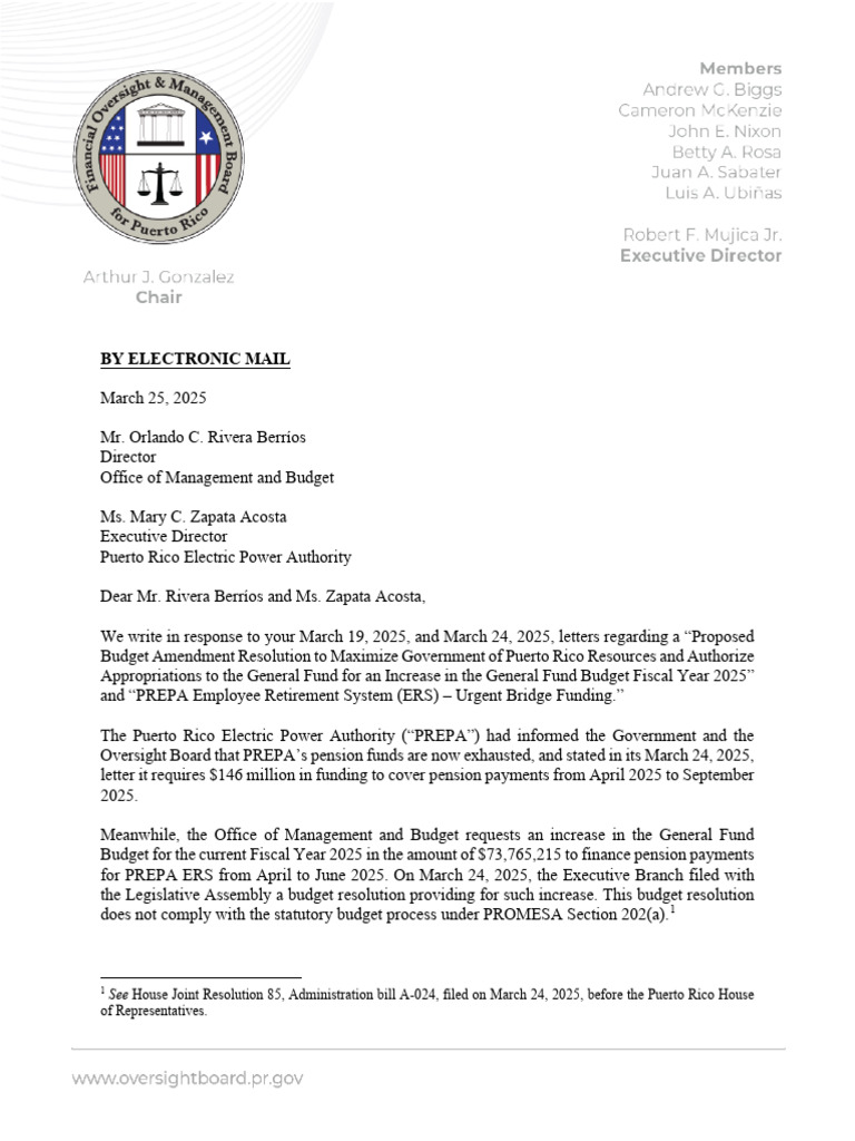 FOMB - Letter - OMB PREPA - PREPA Employee Retirement System Urgent ...