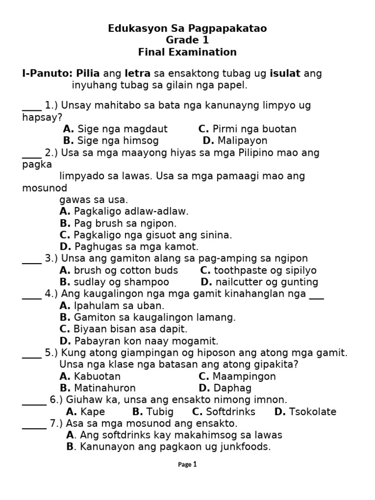 ESP Grade 1 Final Exam | PDF