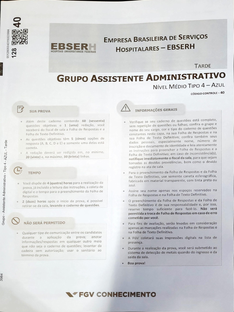 Prova Ebserh 2025 Assistente Administrativo | PDF