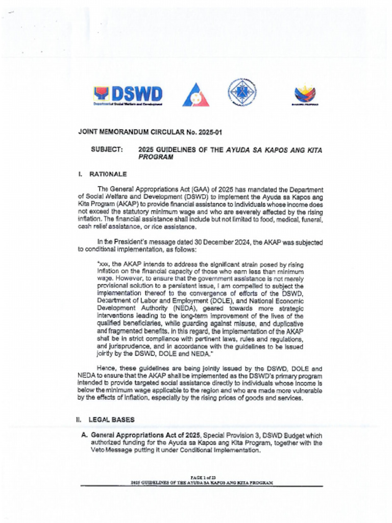 Joint Memorandum Circular No. 2025 01 2025 Guidelines of The Ayuda Sa ...