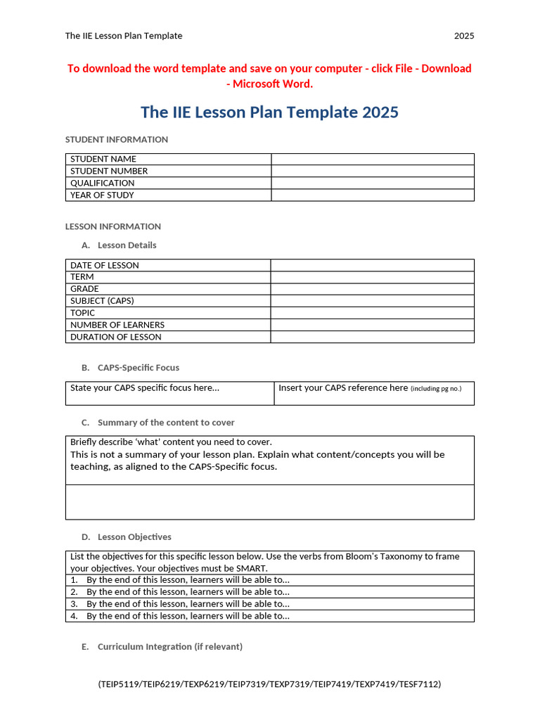 IIE Lesson Plan Template 2025 | PDF | Lesson Plan | Learning