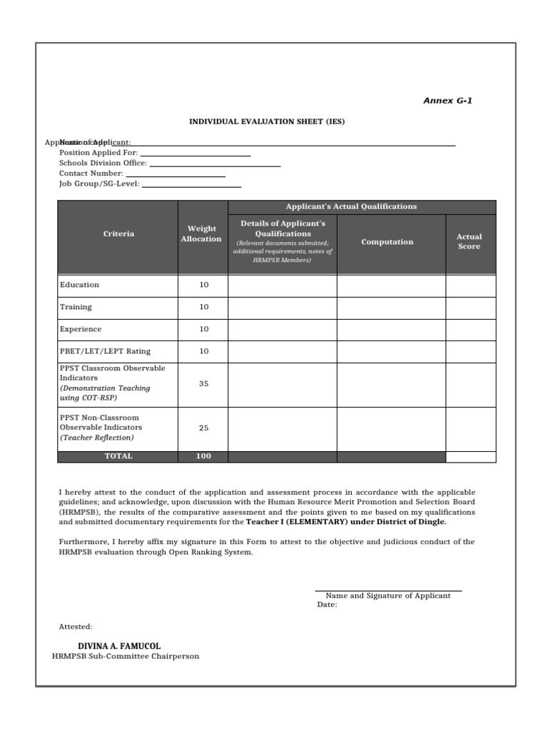 Individual Evaluation Sheet (IES) Form | PDF