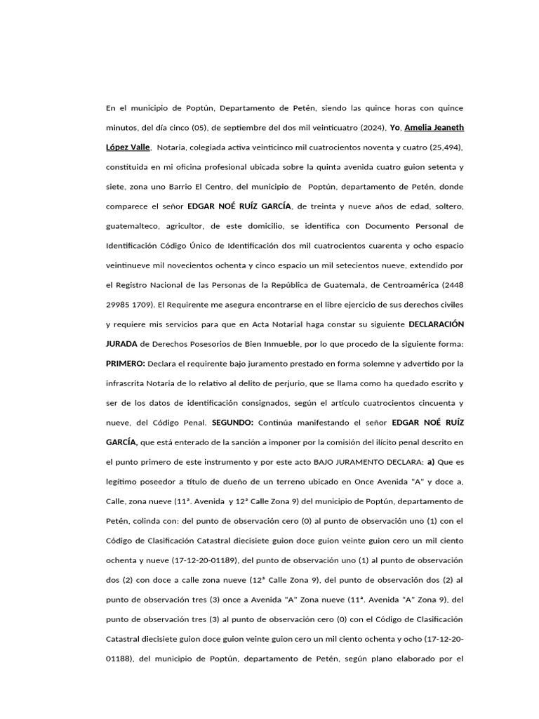 ACTA NOTARIAL DE DECLARACION JURADA DE DERECHOS POSESORIOS LEONEL TOBAR ...