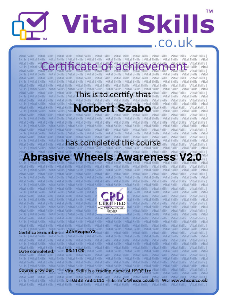 Abrasive Wheels Awareness Certificate | PDF