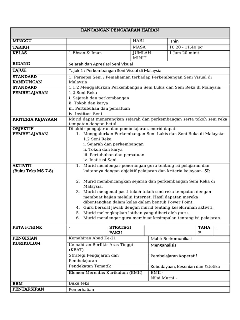 Rancangan Pengajaran Seni Visual Malaysia | PDF