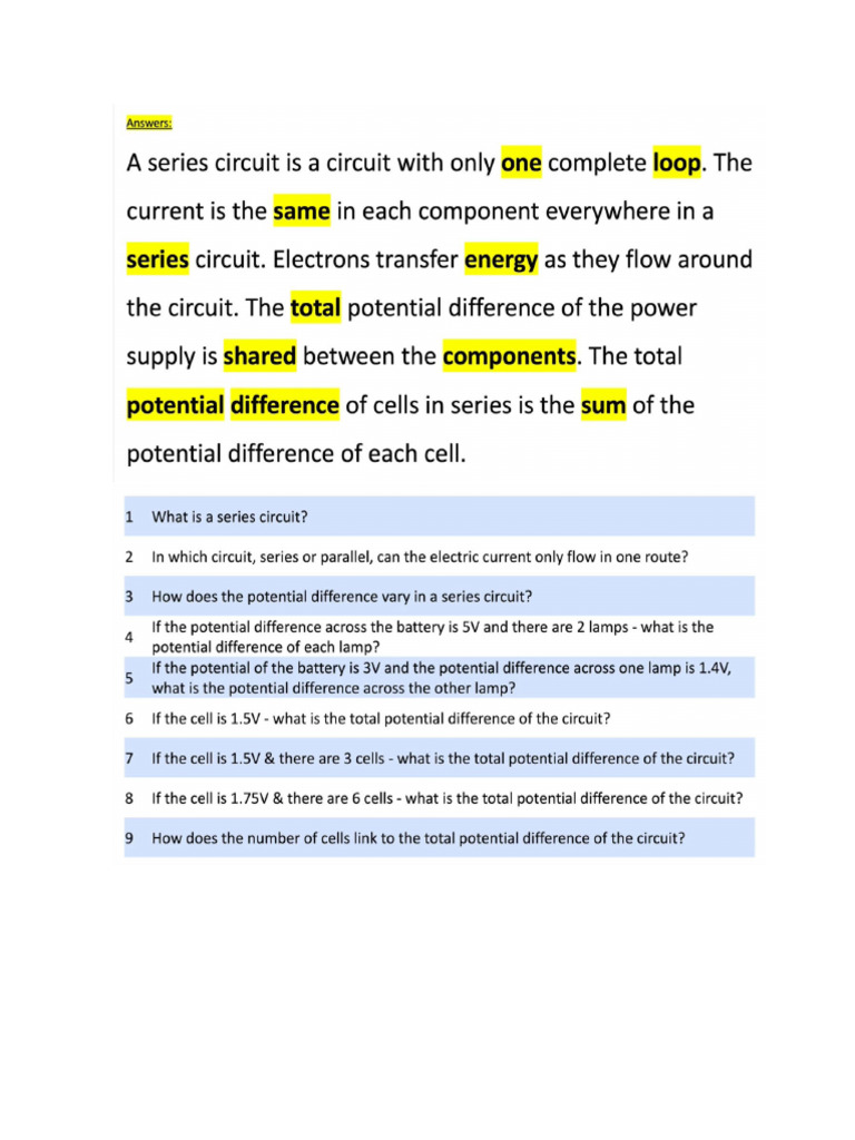 Potential Difference in Series Circuits | PDF