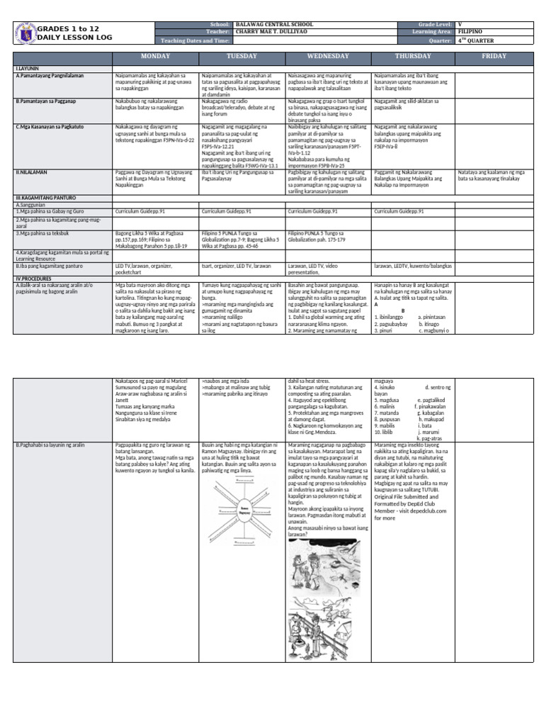 DLL - Filipino 5 - Q4 - W1 | PDF