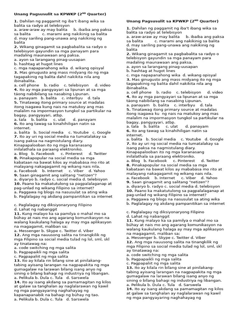 Unang Pagsusulit sa KPWKP (2nd Quarter) | PDF