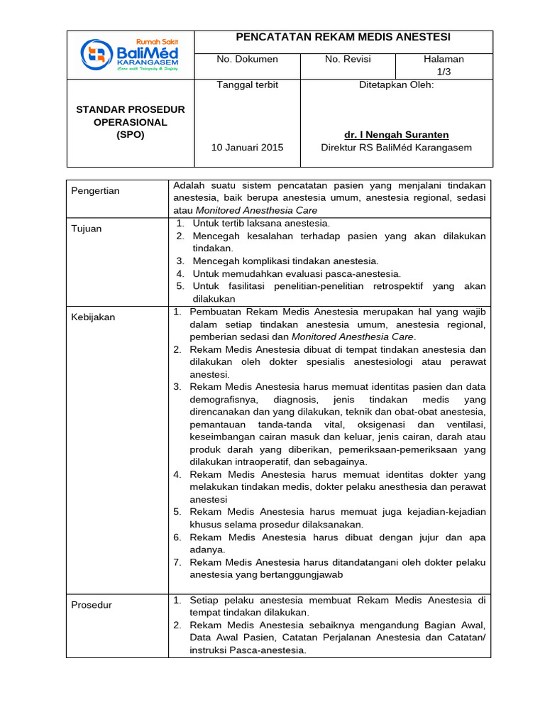 SPO Pencatatan Rekam Medis Anestesi | PDF
