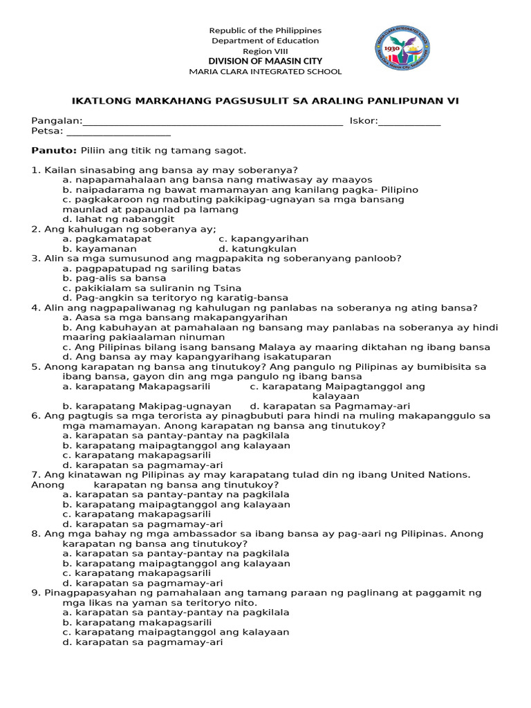 Q3-Quarter Test | PDF