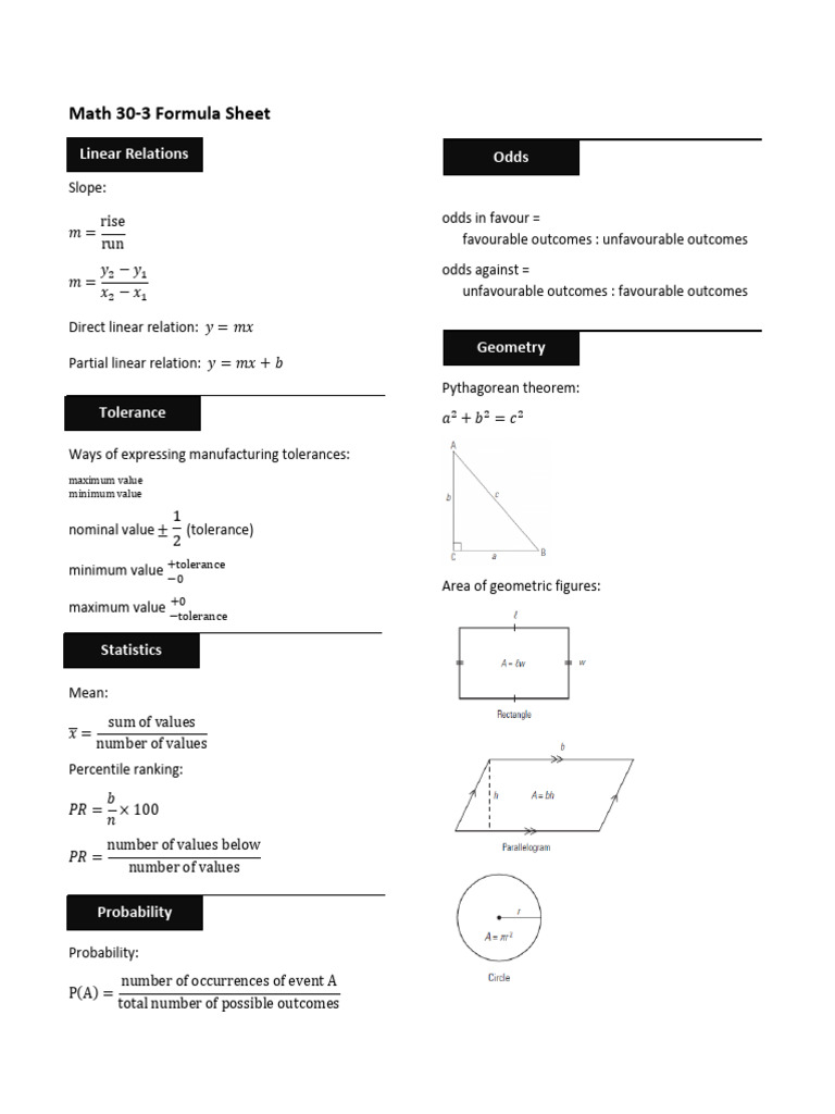 Math 30 3 Formula Sheet | PDF