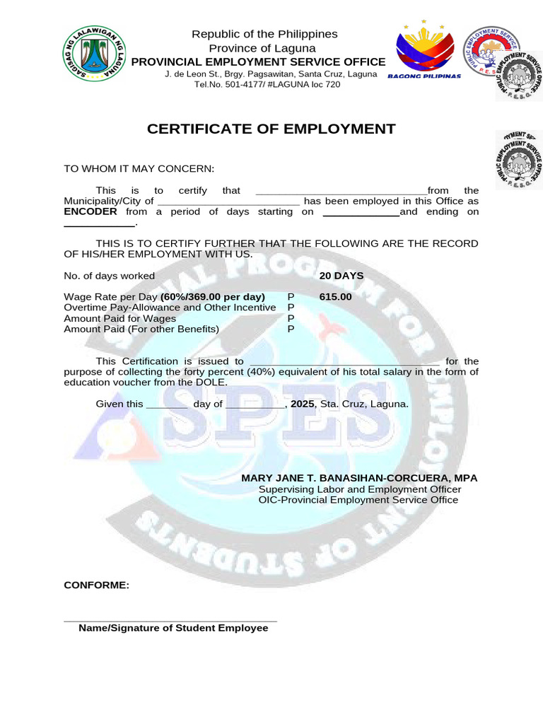 Certificate of Employment with Compensation | PDF