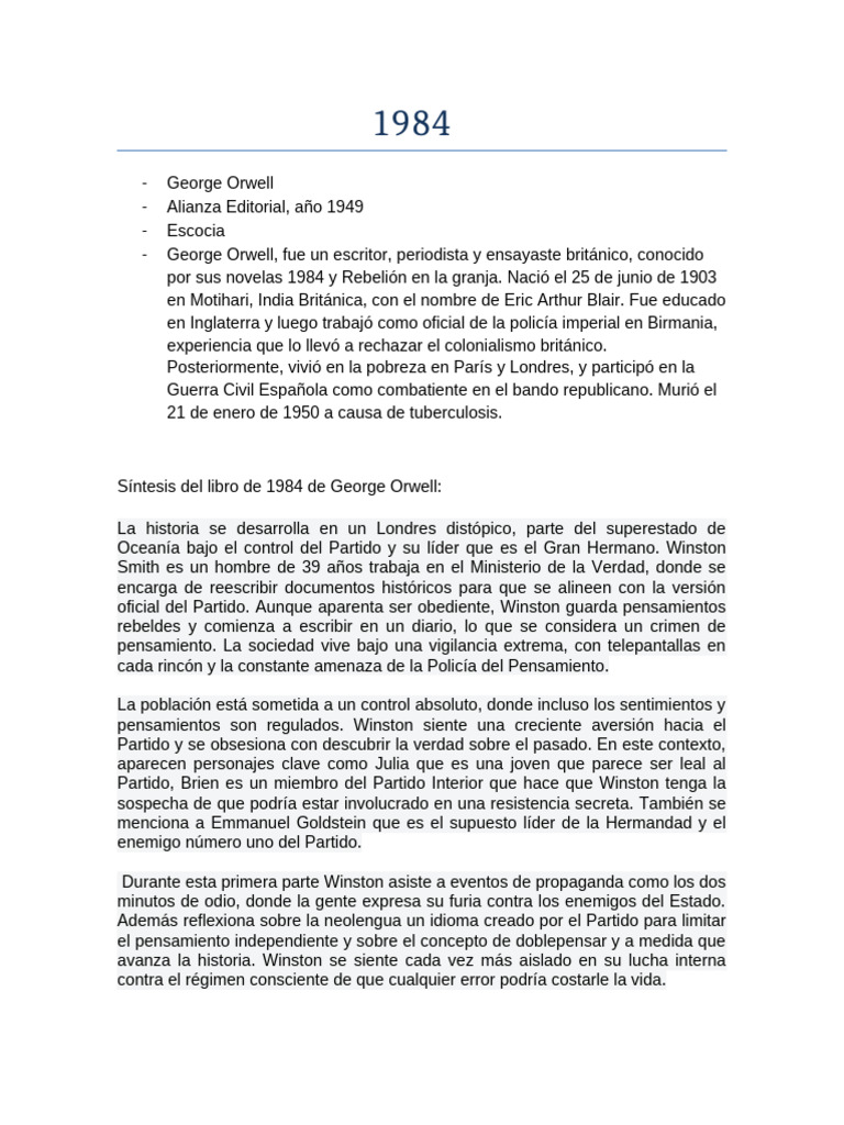 Análisis de "1984" de George Orwell | PDF | George Orwell