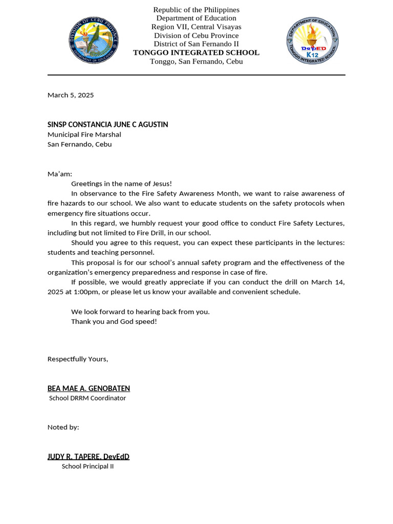 Request Letter For Fire Drill | PDF