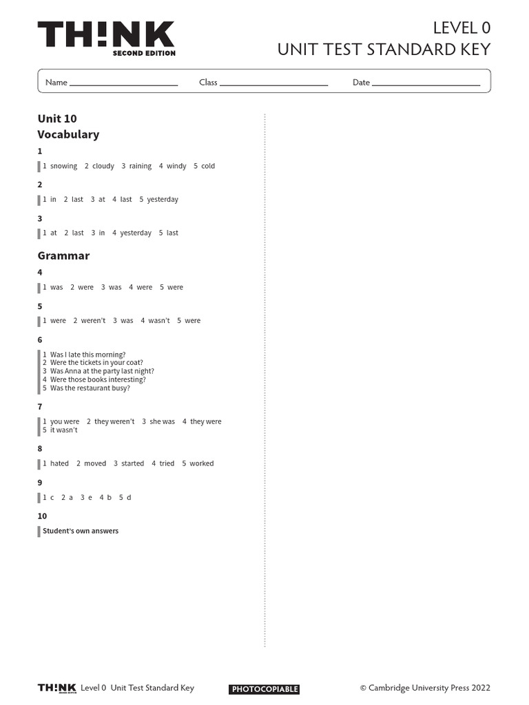 Thk2e_BrE_L0_Unit_Test_Standard_Answer_Key_10 | PDF