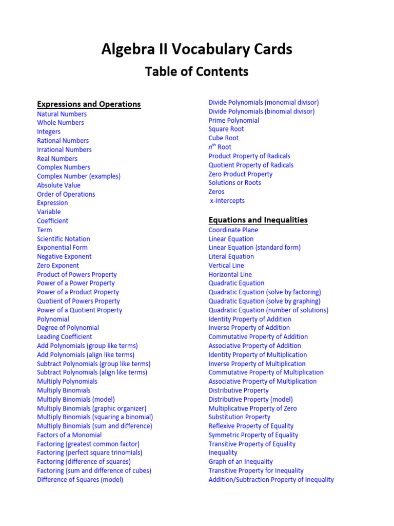 Algebra Vocabulary Cards | PDF | Polynomial | Exponentiation