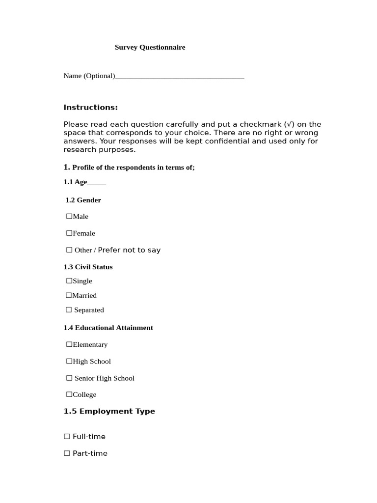 Survey Questionnaire | PDF | Questionnaire | Social Psychology
