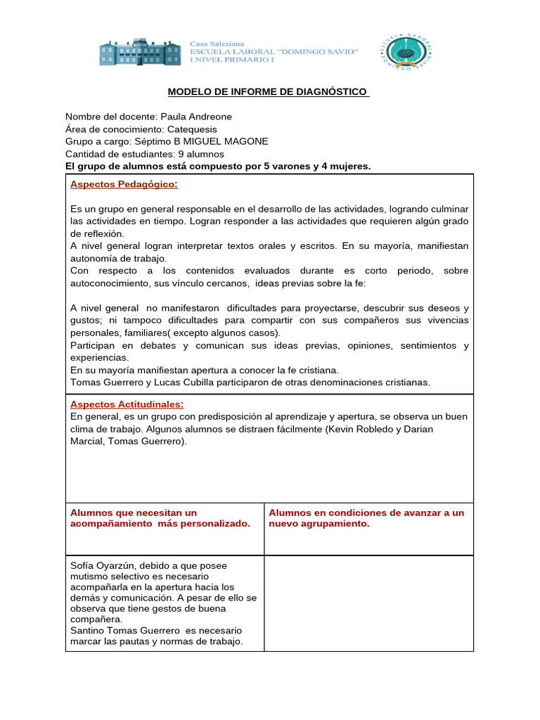 Informe de Diagnóstico Septimo A | PDF