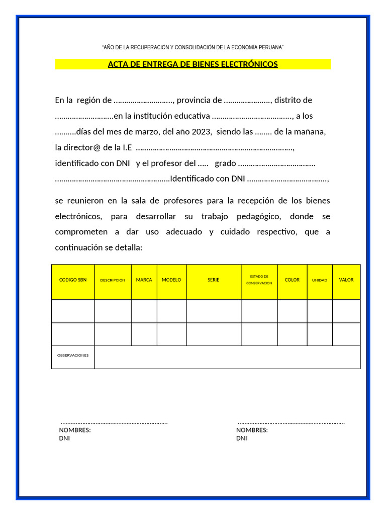Acta de Entrega - Bienes Electronicos. | PDF