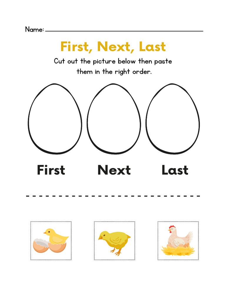 Yellow Illustrative First, Next, Last English Worksheet | PDF