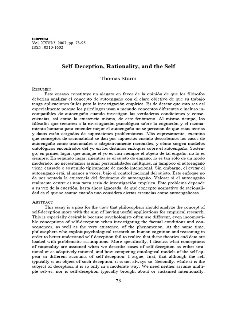 Self Deception, Rationality and the Self- by Thomas Sturm | PDF ...