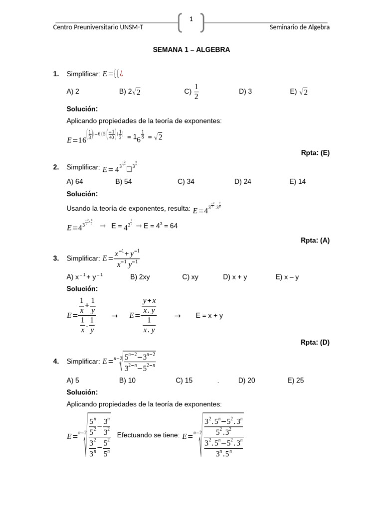 Ejercicios de Álgebra para Preuniversitarios | PDF