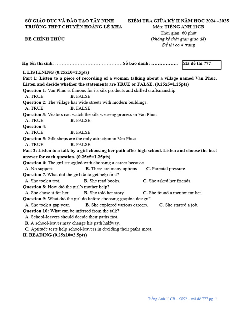 English Exam Paper 11CB - Midterm 2024 | PDF | World Heritage Site | Teachers