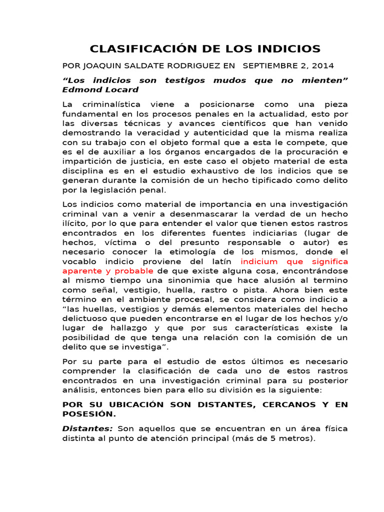 Clasificacion de Los Indicios | PDF | Ciencia forense