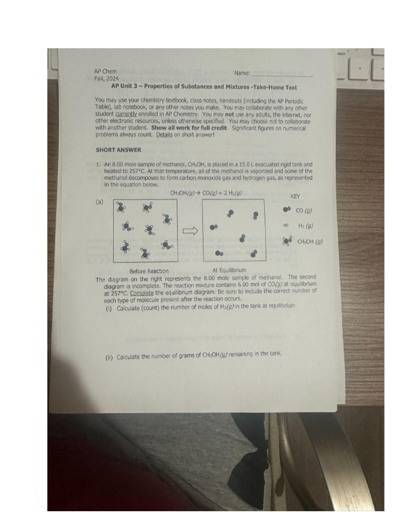 Take Home Test AP CHEM Unit 3 | PDF
