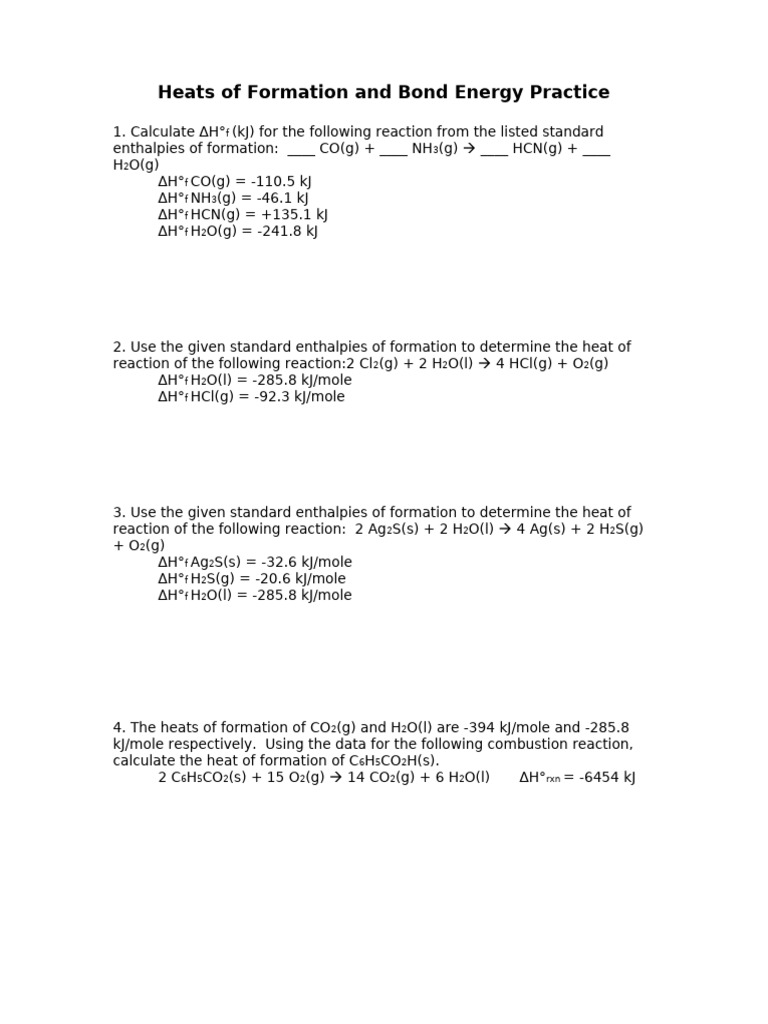 Practice - Heats of Formation and Bond Energy | PDF