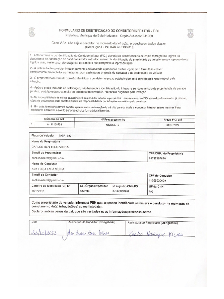 Formulario de Identificação Do Condutor Infrator - Fici | PDF