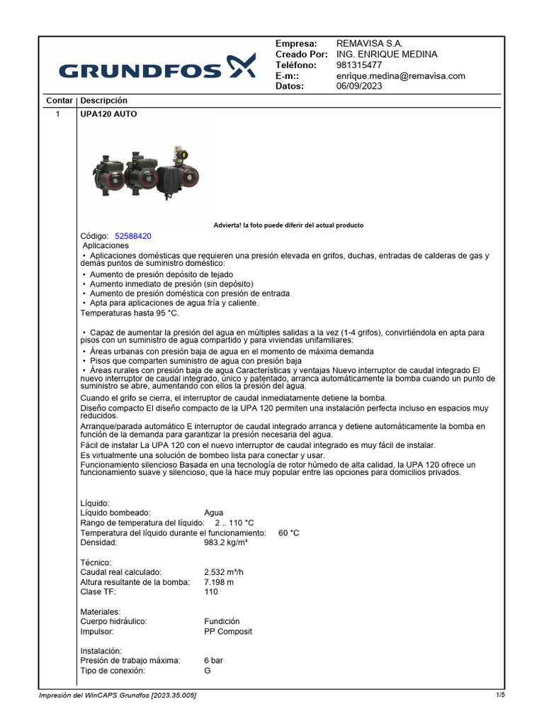 Ficha Tecnica Upa 25-120 180 | PDF | Agua | Cambiar