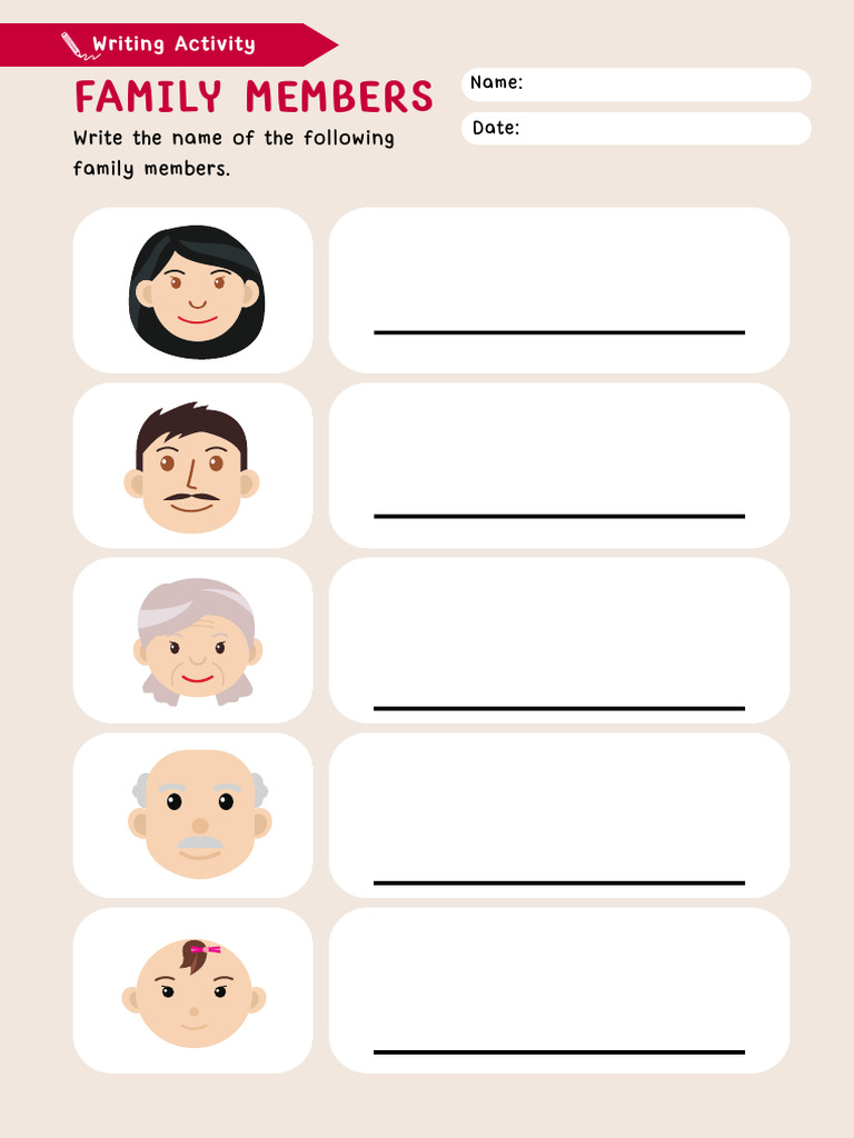 English Naming Family Members Worksheet in Red Cream Simple Style | PDF