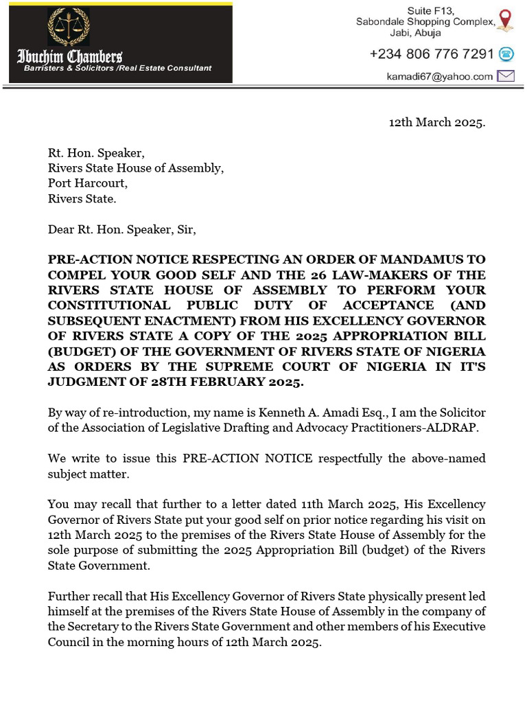 Pre-Action Notice Respecting An Order of Mandamus | PDF | Mandamus ...