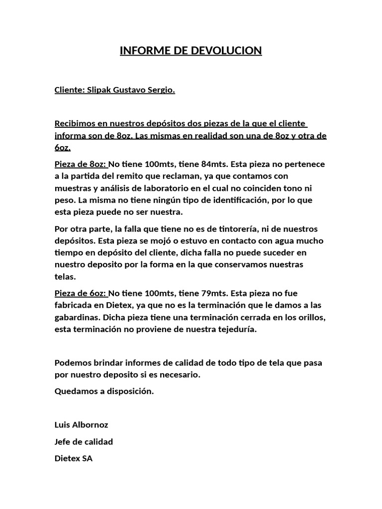 Informe de Devolucion | PDF