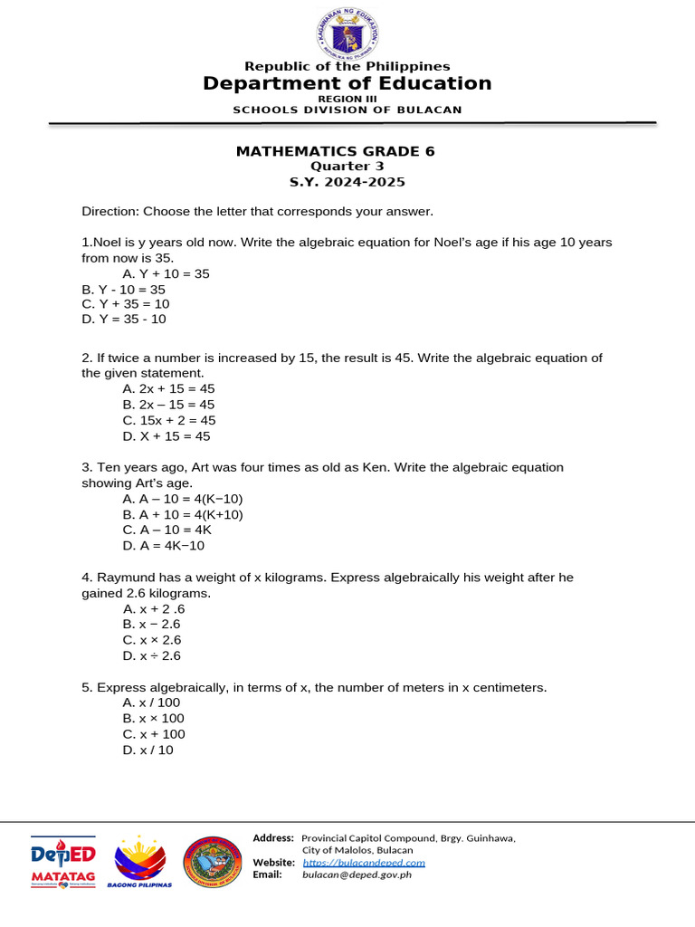 Math 6 QUARTER 3 Assessment 10 Items SY 2024 2025 | PDF | Mathematics