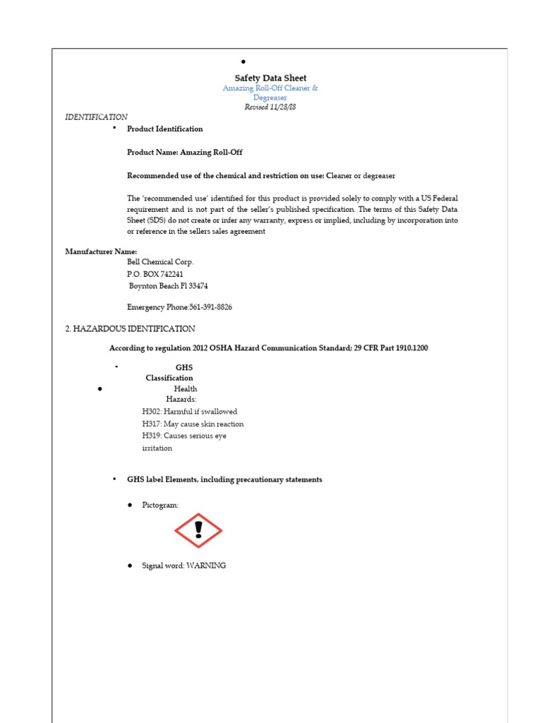 AMAZING ROLL-OFF MSDS 11.19.19 | PDF | Safety | Occupational Safety And ...