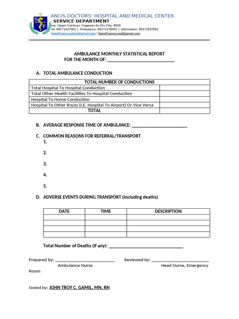 Ambulance Monthly Statistical Report | PDF
