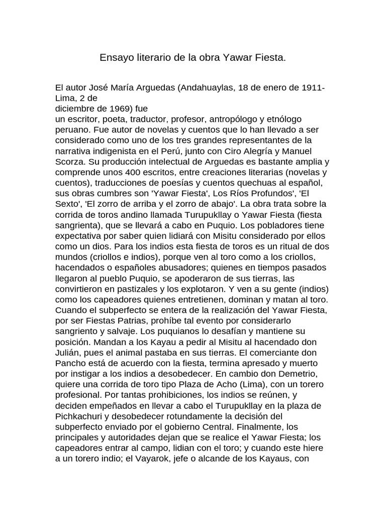 Ensayo Literario de La Obra Yawar Fiesta 2 | PDF
