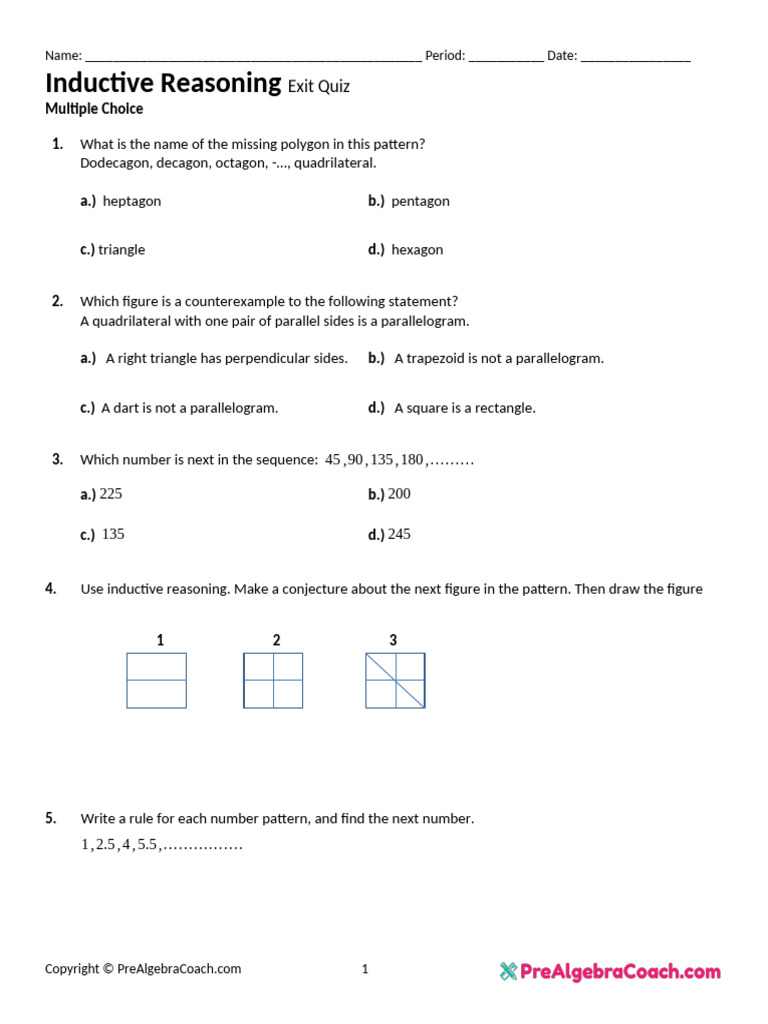 1 9 Exit Quiz Inductive Reasoning | PDF | Rectangle | Geometry