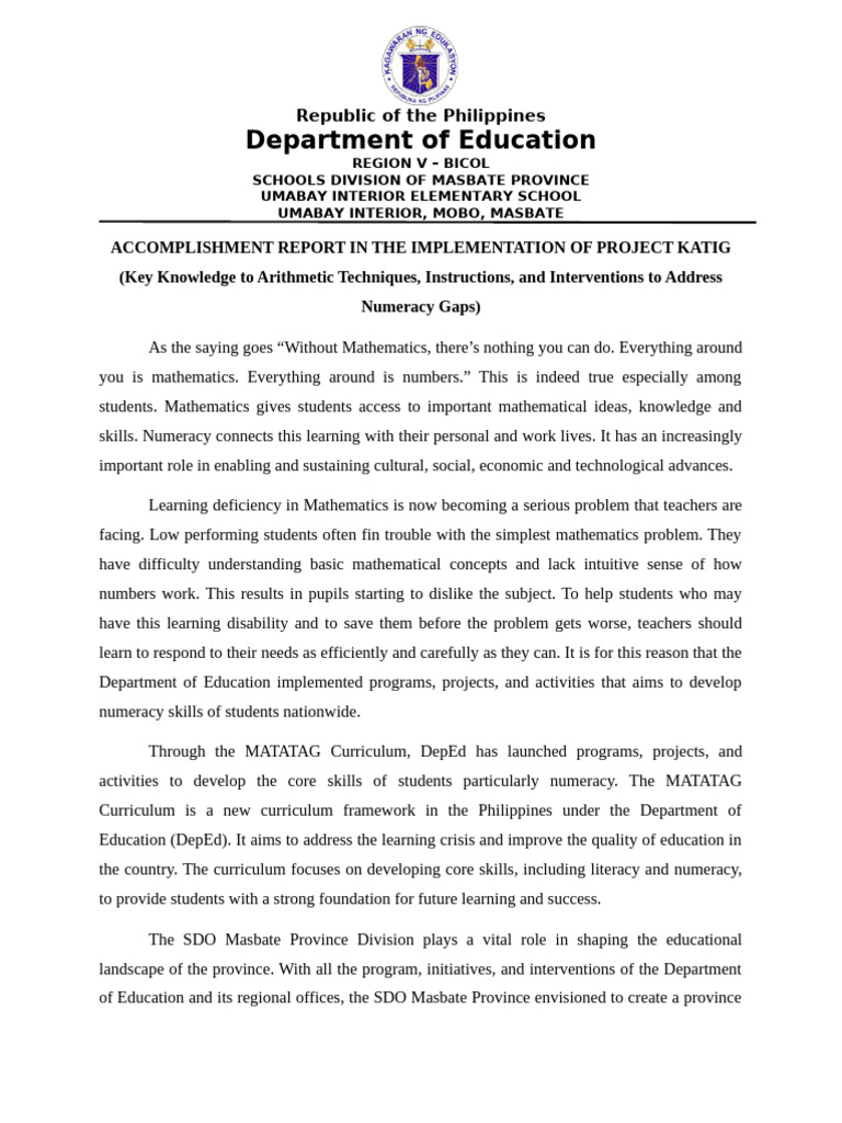 Project KATIG: Enhancing Numeracy Skills | PDF | Teachers | Curriculum
