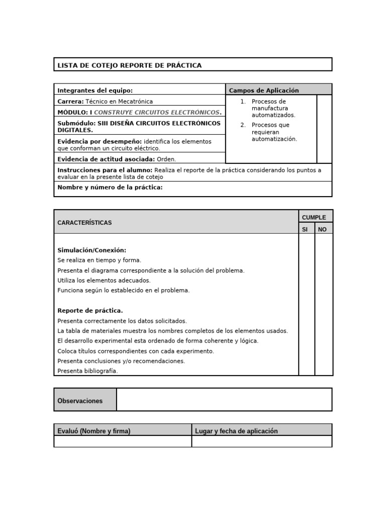 Lista de Cotejo para Reporte de Práctica | PDF