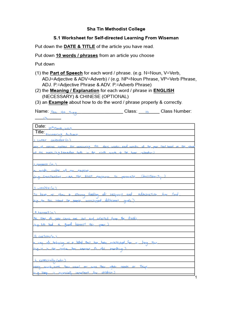 Sha Tin Methodist College S.1 Worksheet For Self-Directed Learning From ...