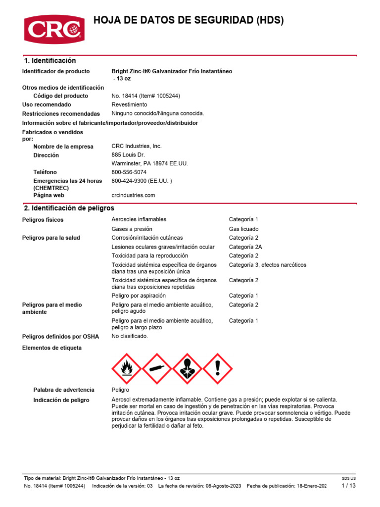 MSDS Galvanizador en Frio | PDF | Agua | Residuos
