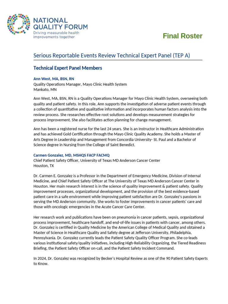 TEP a Roster - Serious Reportable Events Review | PDF | Patient Safety ...