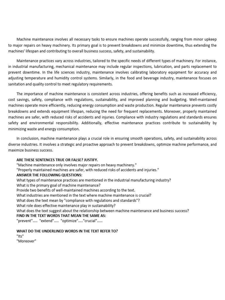 Machine Maintenance Reading Text | PDF | Safety | Regulatory Compliance
