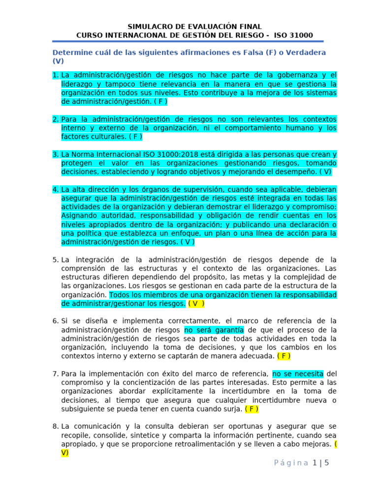 Simulacro - Evaluaicón Final Gestión Del Riesgo ISO 31000 Blanco | PDF ...